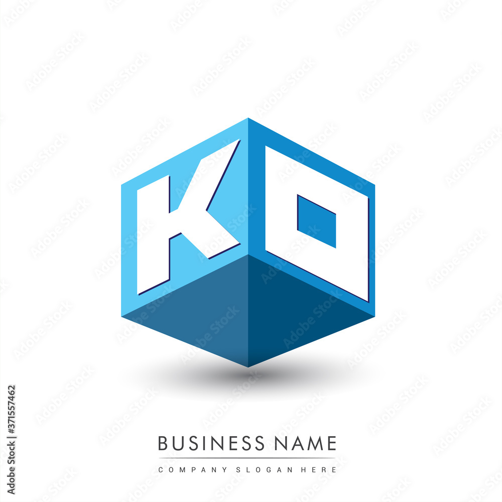 Letter KO logo in hexagon shape and blue background, cube logo with ...