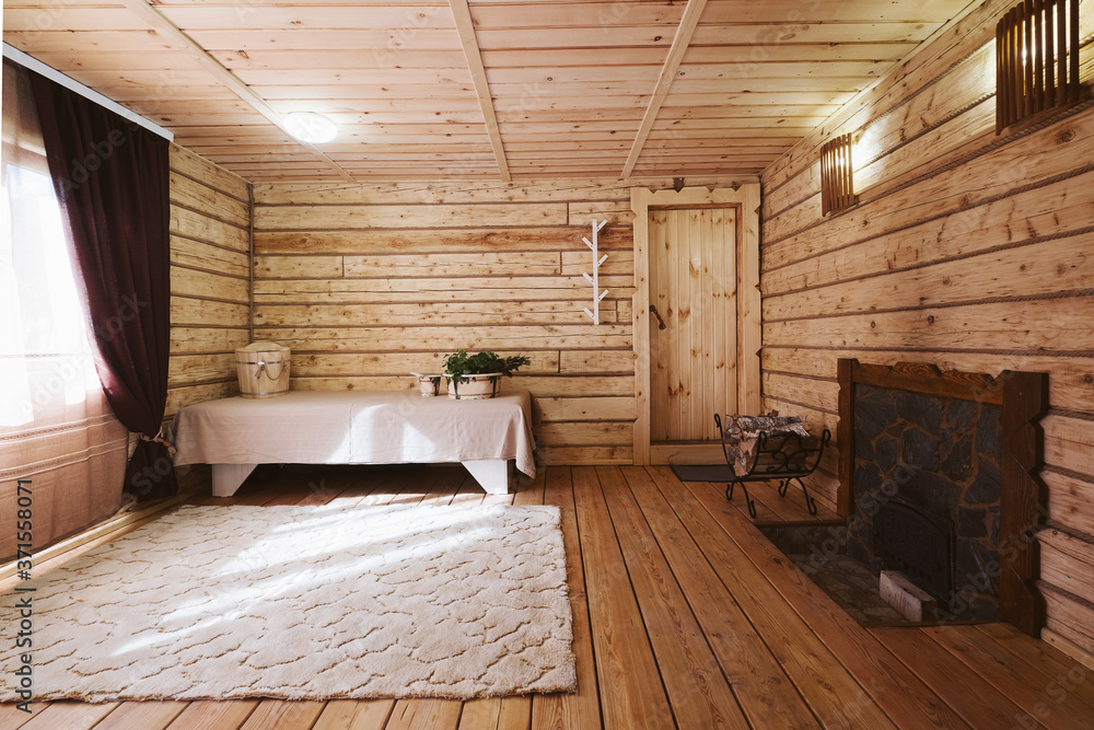 wooden bath, sauna interior. Dressing room, steam room, simple rustic ...