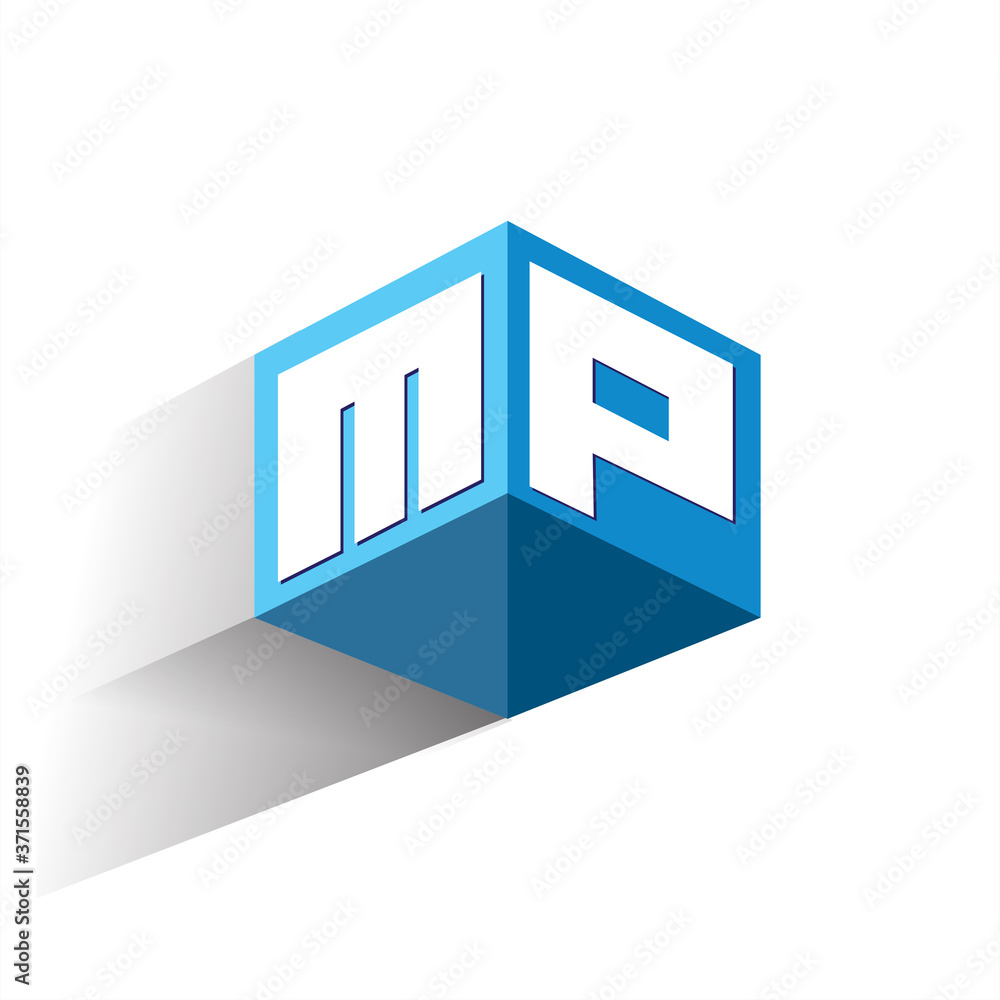 Letter MP logo in hexagon shape and blue background, cube logo with ...