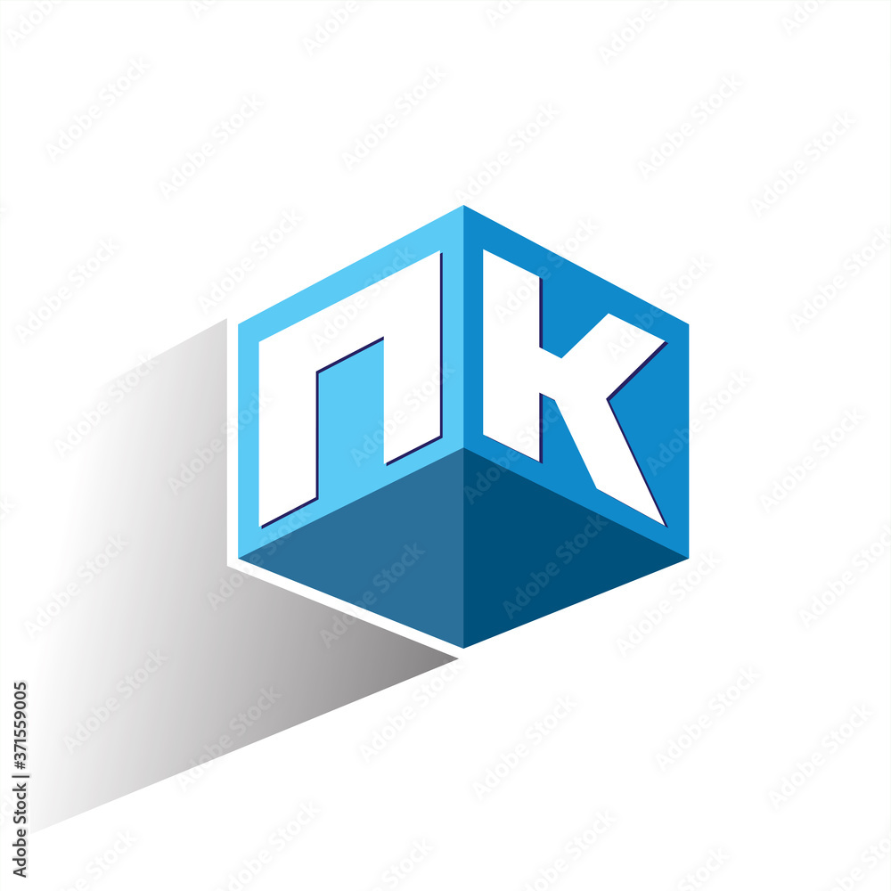 Letter NK logo in hexagon shape and blue background, cube logo with ...