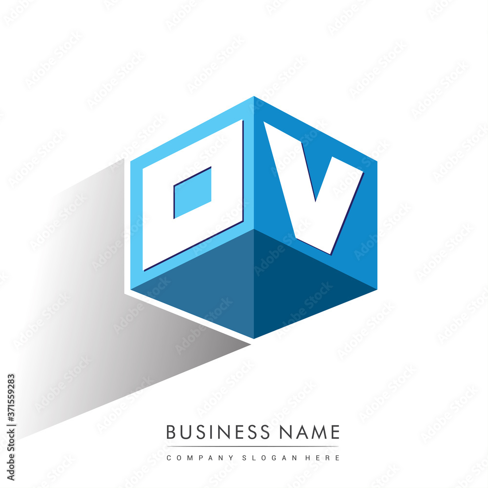 Letter OV logo in hexagon shape and blue background, cube logo with ...