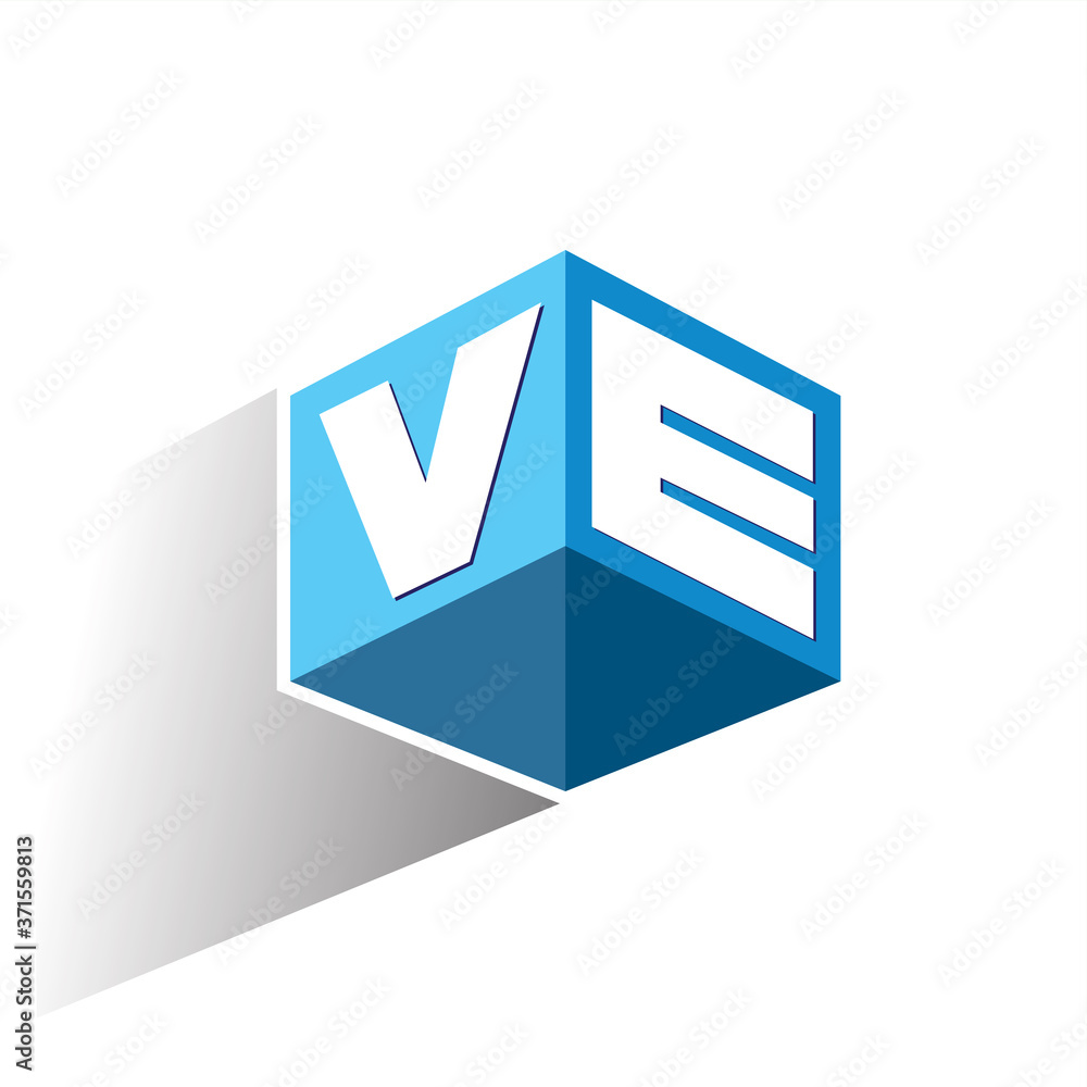 Letter VE logo in hexagon shape and blue background, cube logo with ...