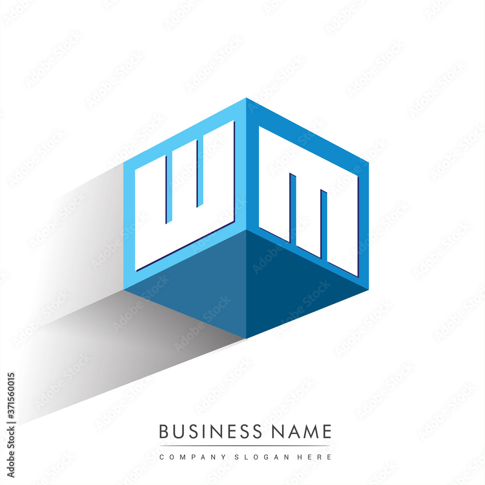 Letter WM logo in hexagon shape and blue background, cube logo with ...