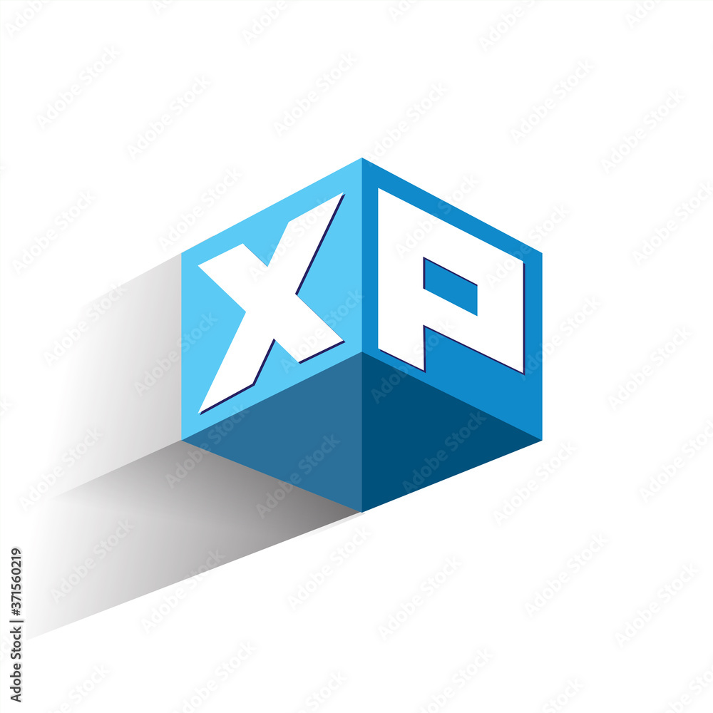 Letter XP logo in hexagon shape and blue background, cube logo with ...
