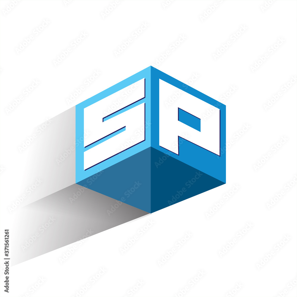 Letter SP logo in hexagon shape and blue background, cube logo with ...