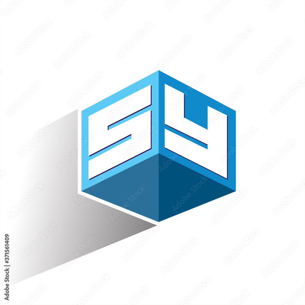 Letter SY logo in hexagon shape and blue background, cube logo with ...