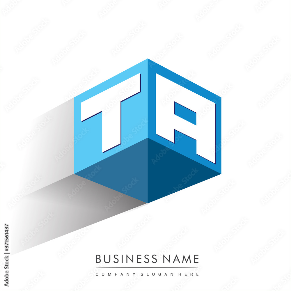 Letter TA logo in hexagon shape and blue background, cube logo with ...