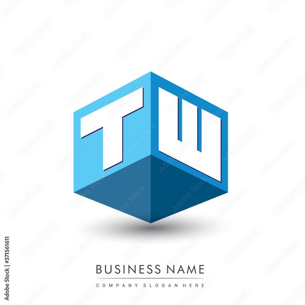 Letter TW logo in hexagon shape and blue background, cube logo with ...