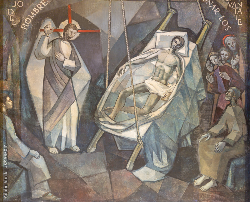 BARCELONA, SPAIN - MARCH 5, 2020: The modern fresco Jesus Heals lame ...