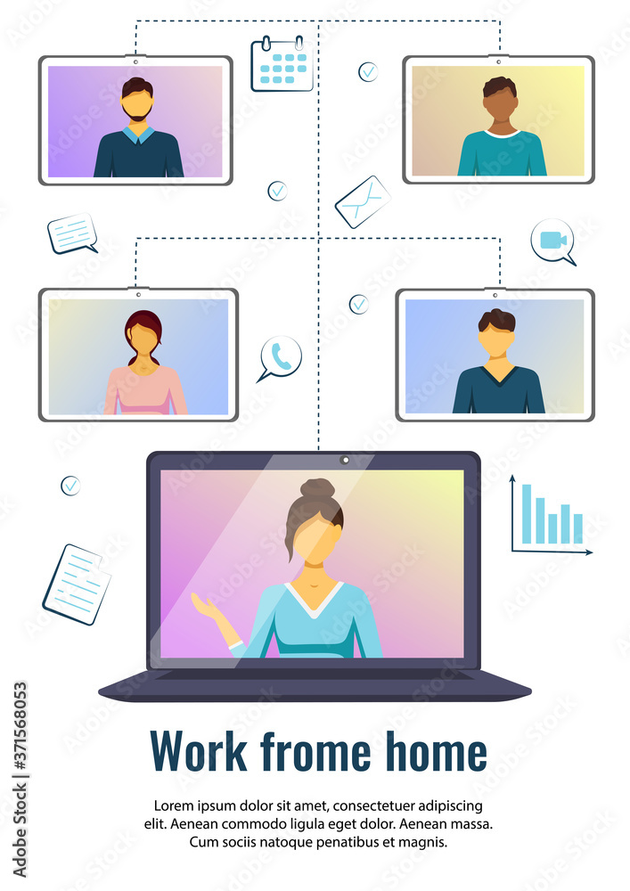 Flyer design with group of people talking by internet. Distance working ...
