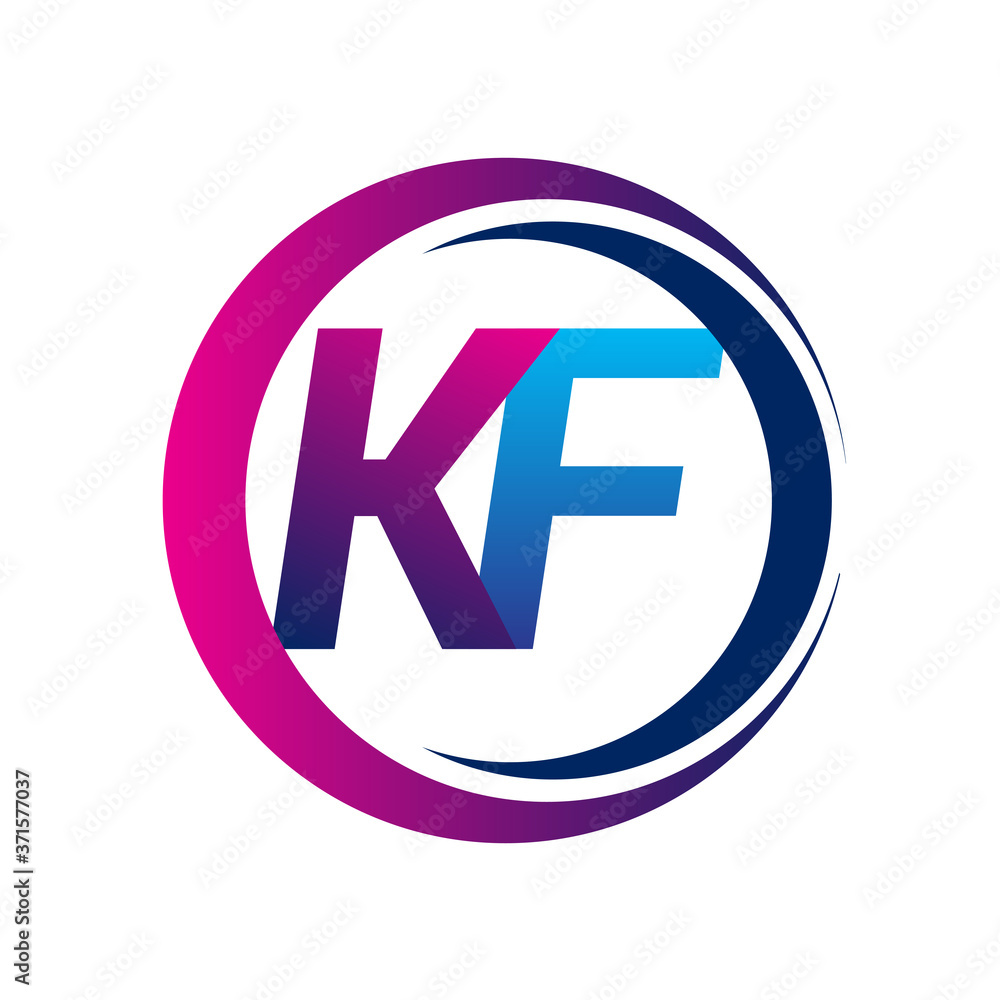 initial letter logo KF company name blue and magenta color on circle ...