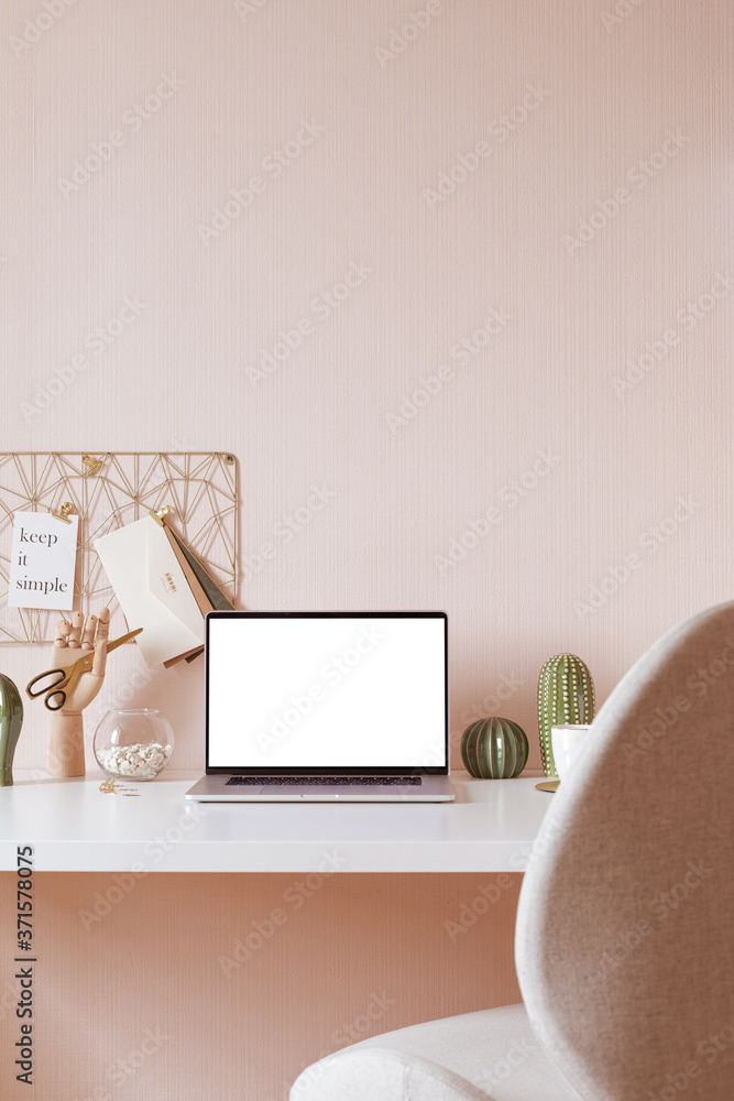 Stylish desk interior with White table background with plant and leaves ...