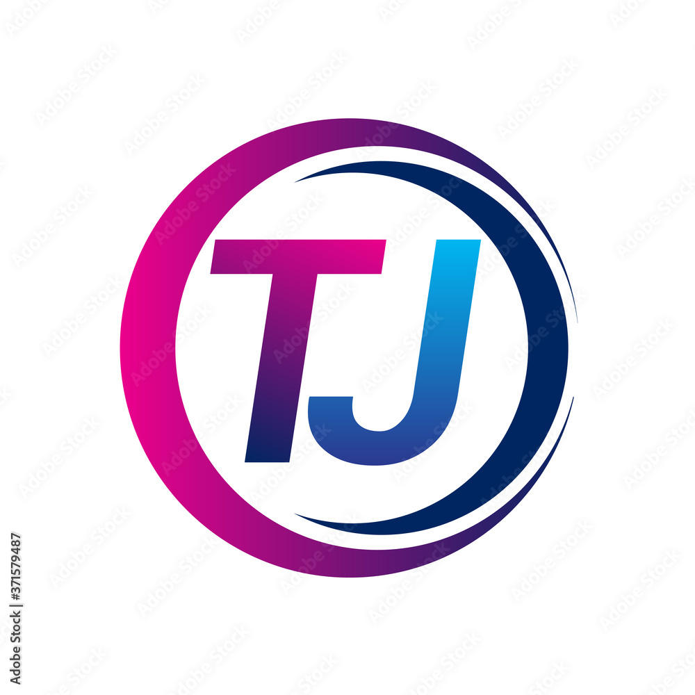 initial letter logo TJ company name blue and magenta color on circle ...