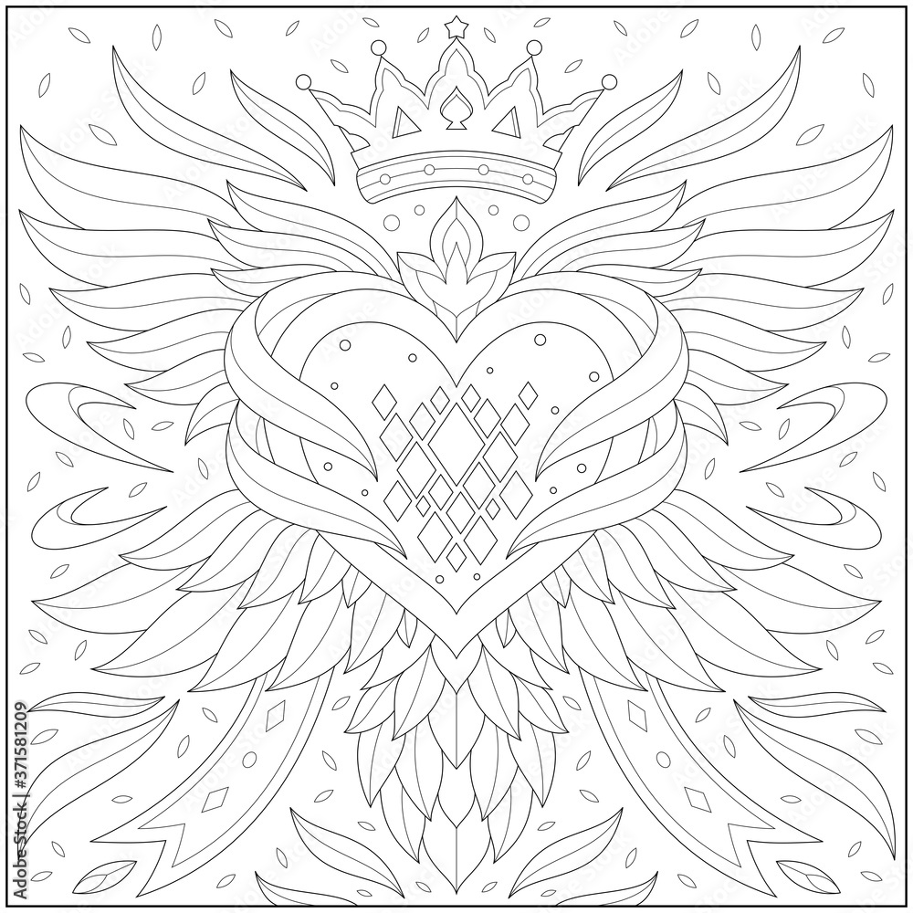 Fantasy winged heart and king crown, Adult and kid coloring page in ...