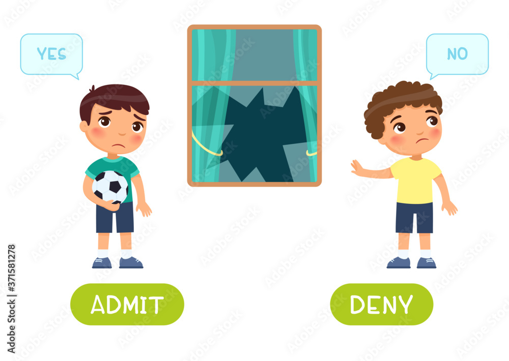 Admit and deny antonyms word card vector template. Flashcard for ...