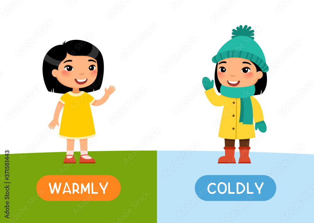 Seasons concept, COLDLY and WARMLY. Childish flash card with antonyms ...