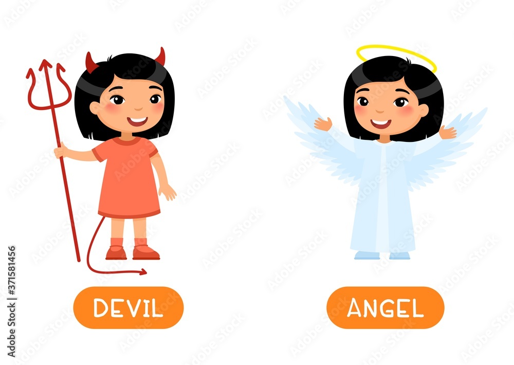 Opposites concept, DEVIL and ANGEL. Flash card with child in masquerade ...