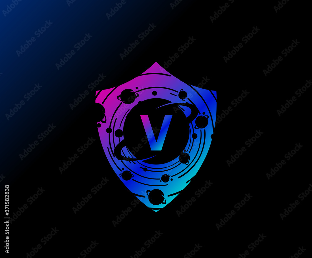 Shield V Letter Design. Planet Protection Logo Concept. Creative Galaxy ...