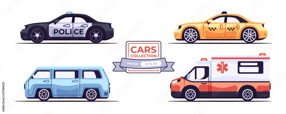 Car set isolated. Police, taxy, ambulance, emergency car. Flat style ...