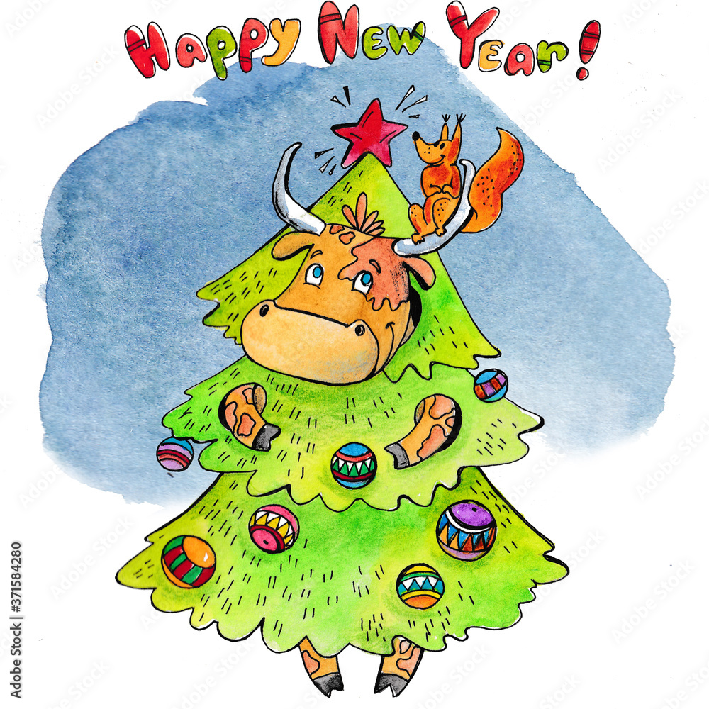 bull in a Christmas tree costume. The bull is a symbol of new year and ...