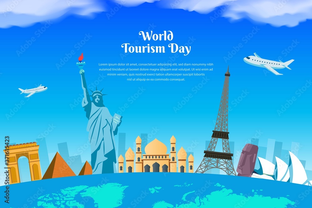 World tourism day design with famous landmarks in the world. Statue of ...