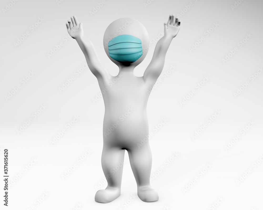 Man with mask hands up happy pose 3d rendering Stock Illustration ...