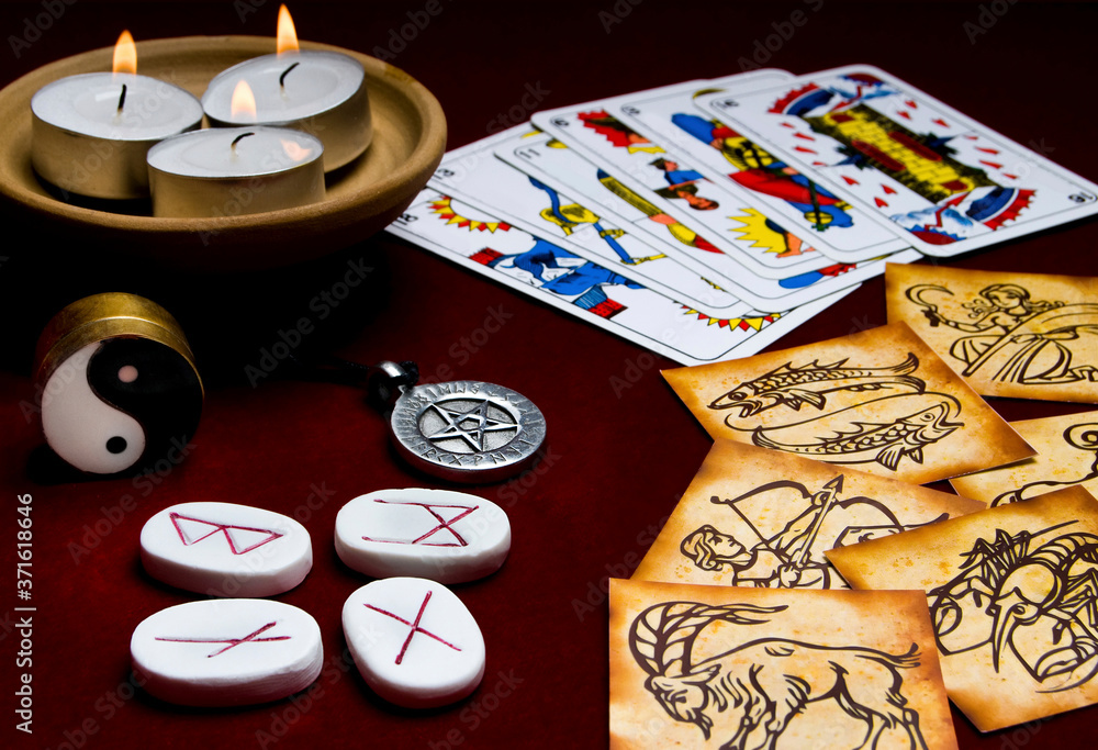 zodiac signs, astrology, runes stones, pentagram, tarot cards, candles ...