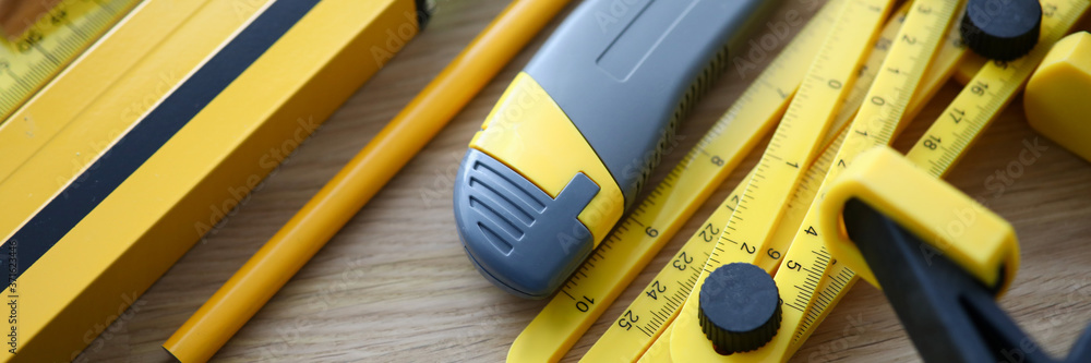 Top view of constructional instruments of professional master. Employee ...