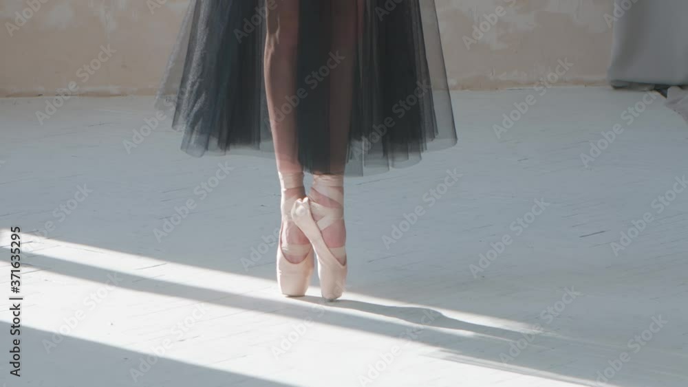 Ballerina in a black transparent skirt shows classic ballet pas. Ballet ...