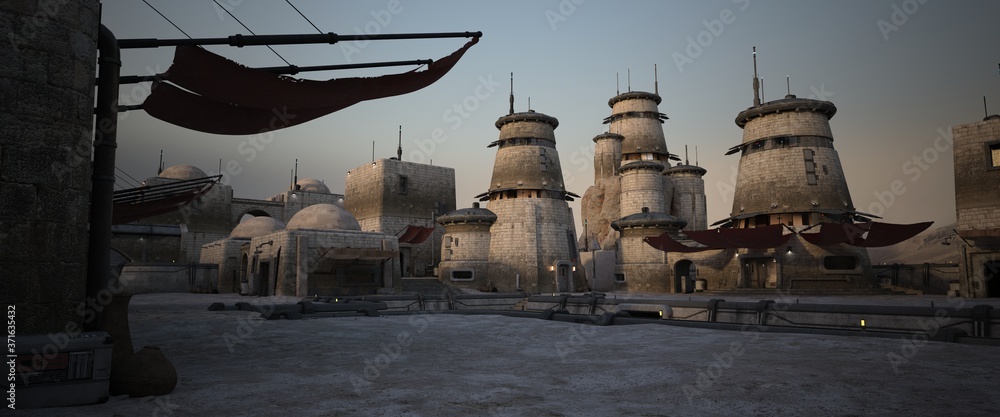 Futuristic fortress. Desert outpost against evening sky. Stone towers ...