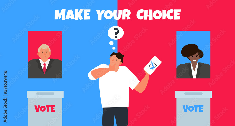 make your choice. thinking man with question mark and voting ballot ...