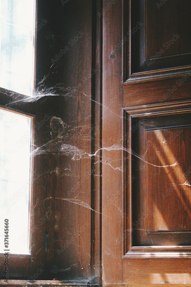 Spider webs shining with yhe light through old antique window Stock ...