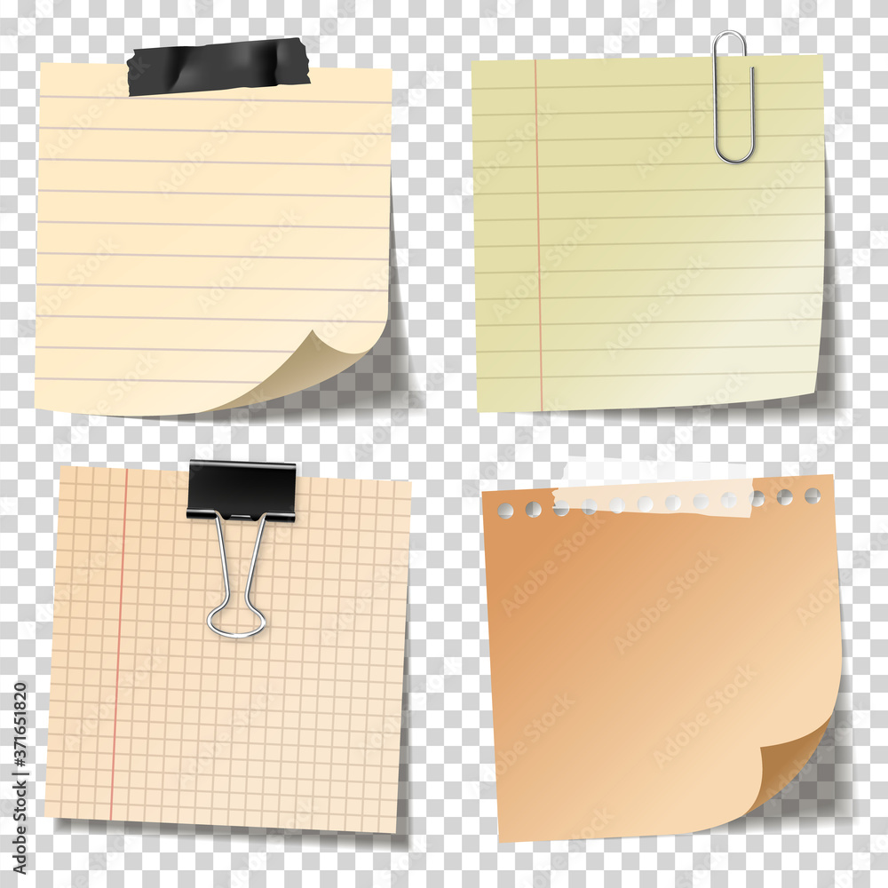 Realistic blank sticky notes with clip binder and adhesive tape ...