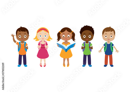 Back to school diverse children icon set vector. Happy kids of ...