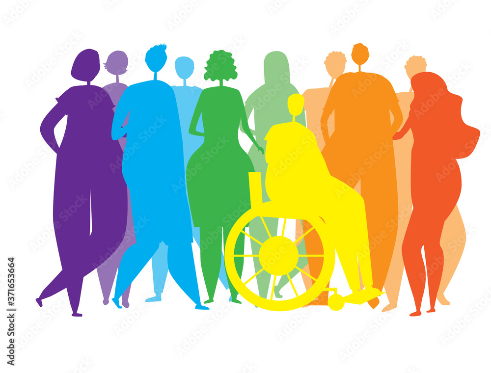 Silhouettes of people, men, women, disabled people in a wheelchair as ...