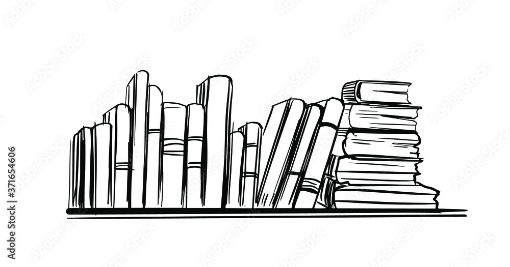 Books on the bookshelf. Hand drawn sketch illustration. Vector with ...