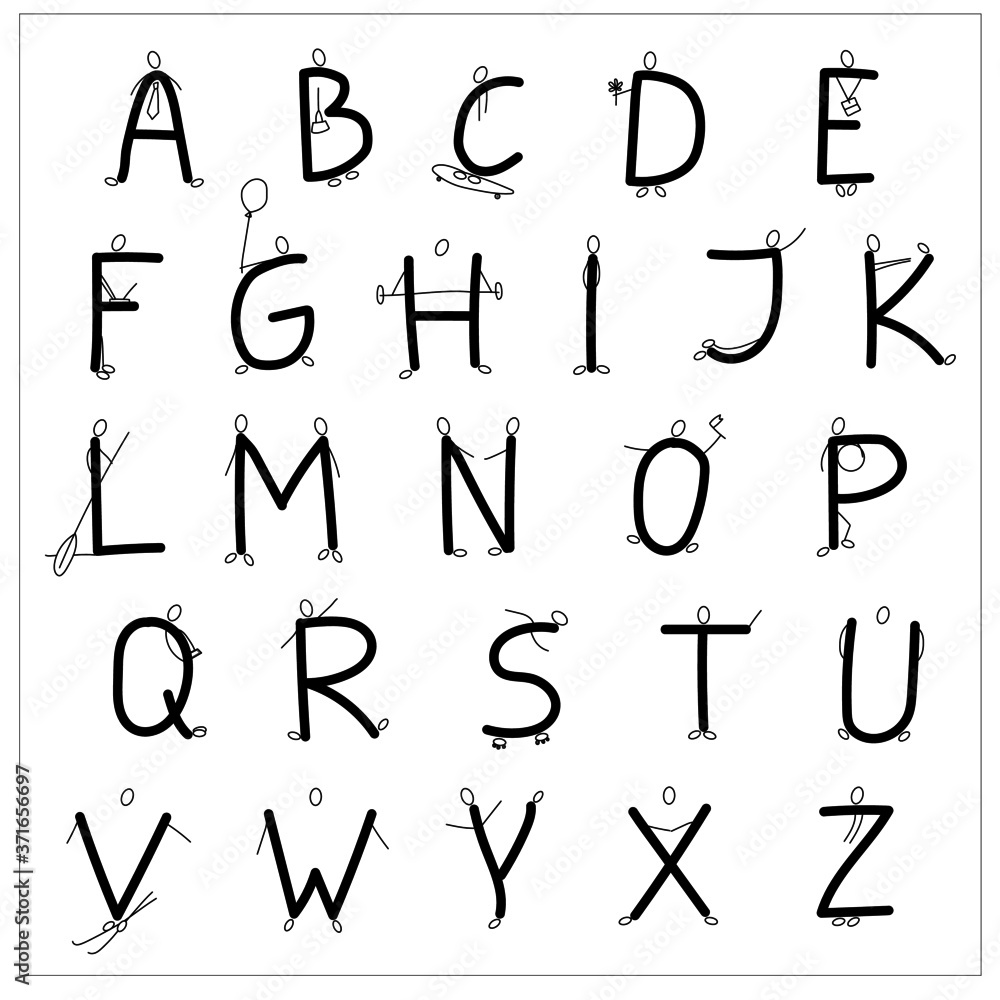Stick figure alphabet. Funny alphabet letters. Stock Vector | Adobe Stock