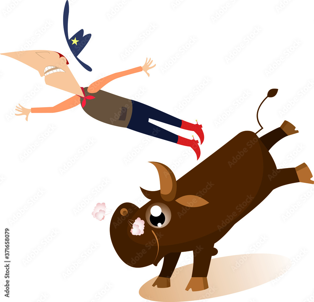 Man or cowboy falls from the bull illustration. Comic man or cowboy in ...