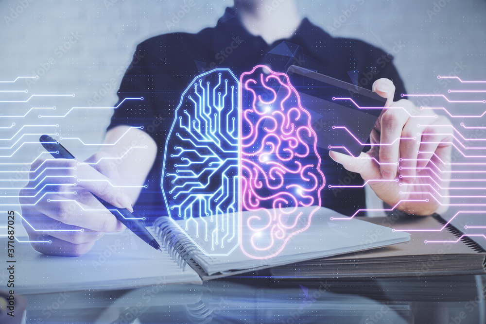 Double exposure of man hands typing on computer with credit card and ...