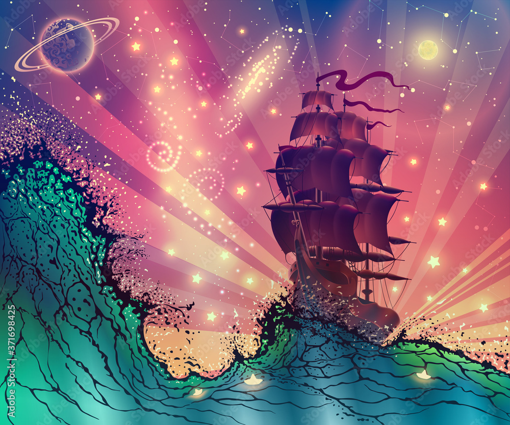 Fantasy landscape with ship on sea waves digital vector art, seascape ...