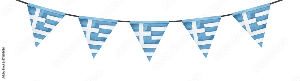 Watercolour illustration of festive string bunting with triangular ...