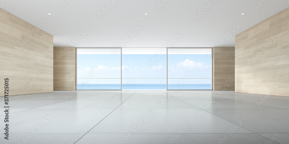 3d render of empty room with wooden wall and tile floor on sea ...