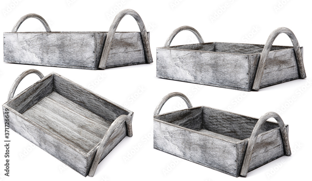 Wooden farm boxes for vegetables and fruits isolated on white ...