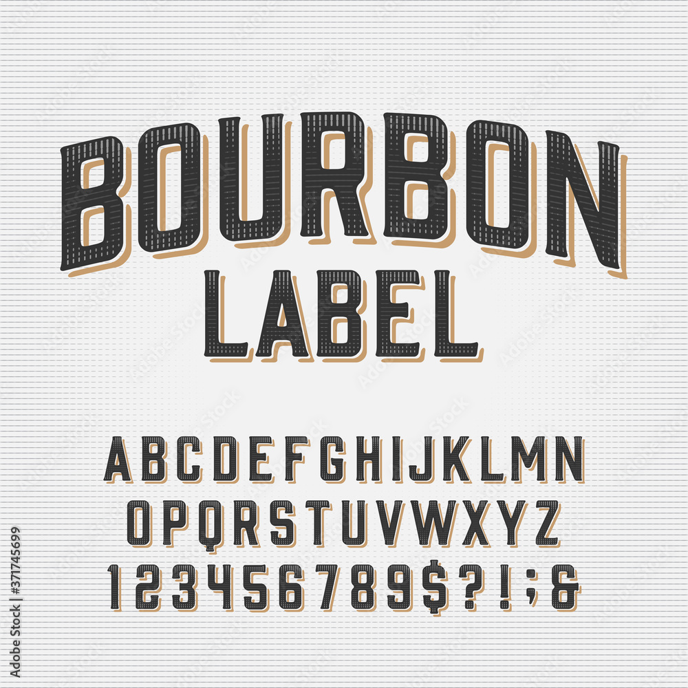 Bourbon Label alphabet font. Scratched vintage letters, numbers and ...