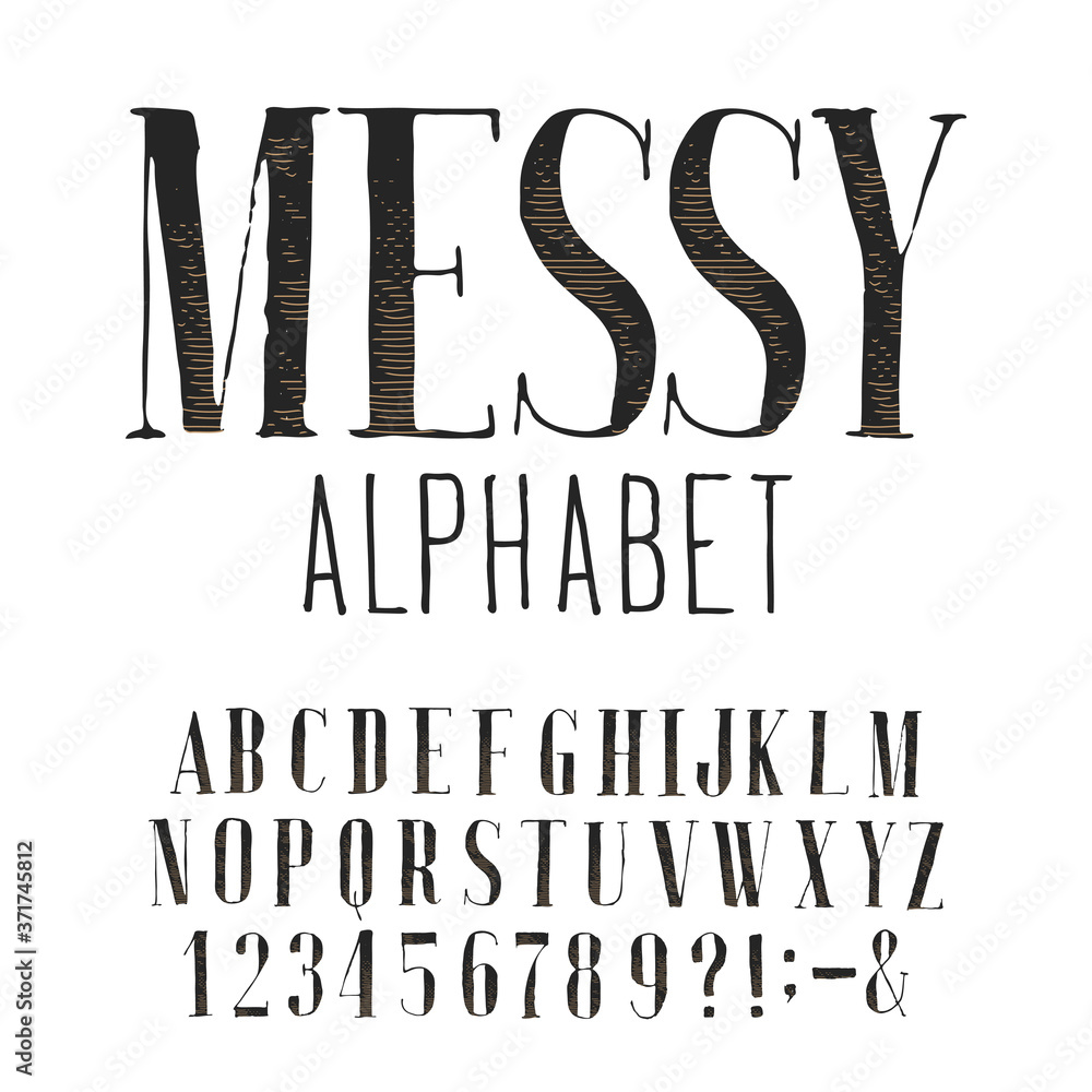 Messy serif alphabet font. Handwritten uppercase letters, numbers and ...