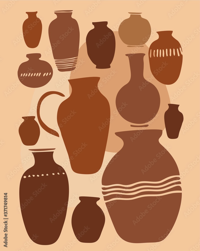 Vertical poster with terracotta vases of different shapes and sizes. A ...