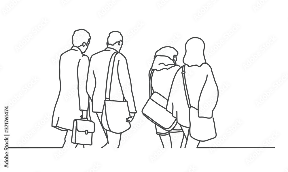 Walking people. Rear view. Line drawing vector illustration. Stock ...