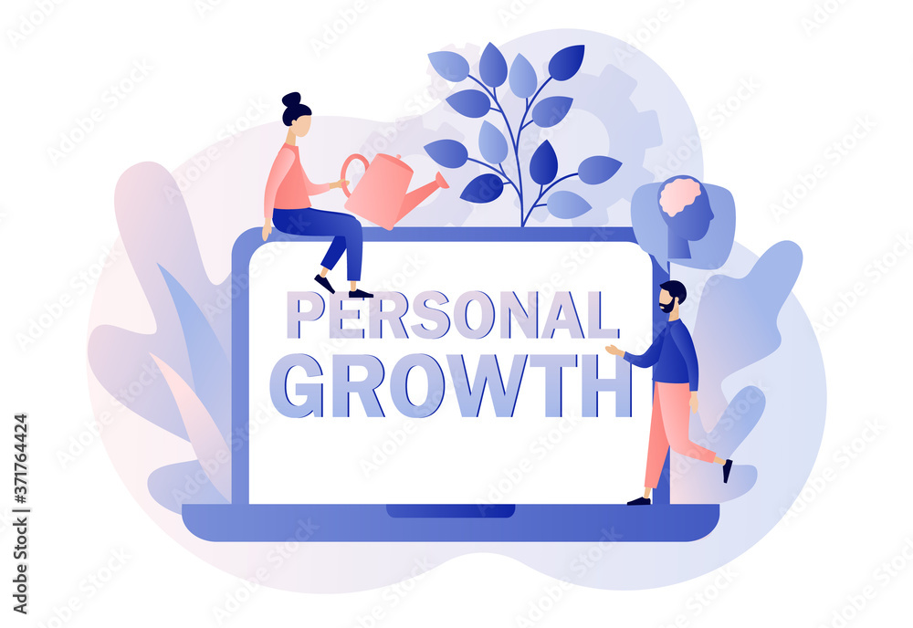 Vecteur Stock Personal growth big text on screen laptop. Tiny people ...