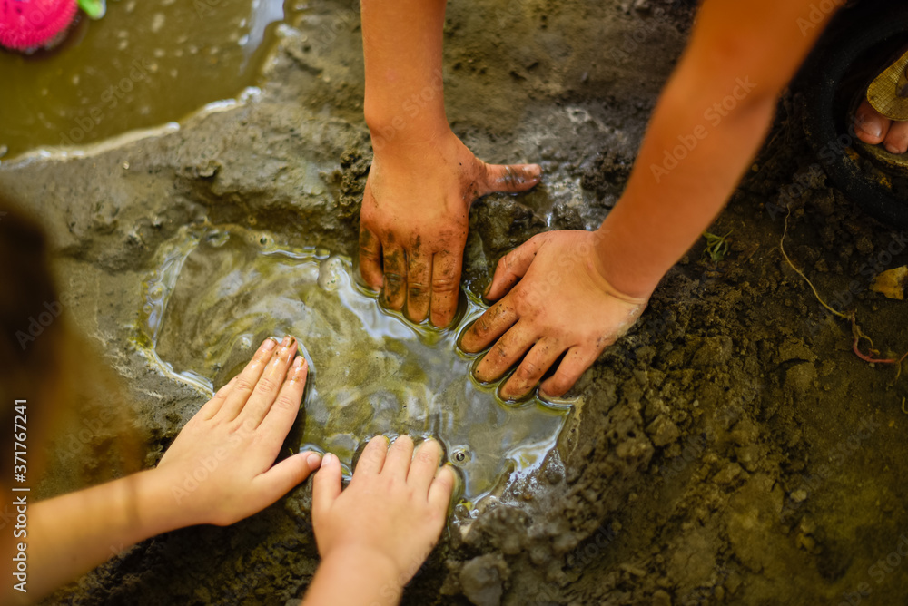 Hands of two little girls making a mud cake out of a muddy puddle as a ...