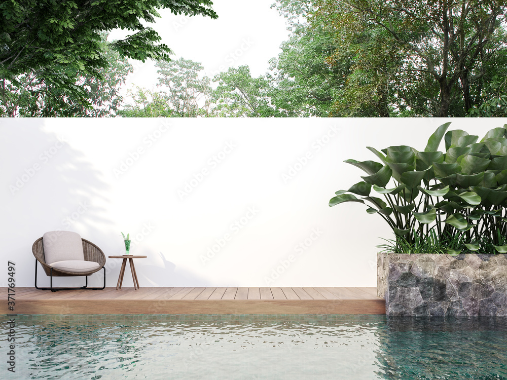 Modern style swimmimg pool terrace with blank wall for copy space 3d ...